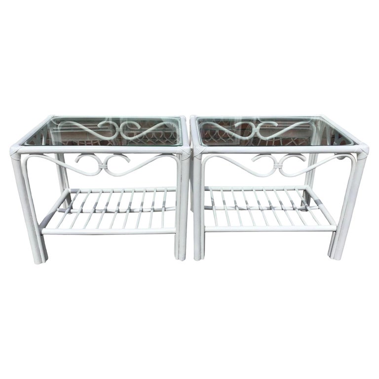 Boho Chic Fresh White Rattan Side Tables, a Pair For Sale at 1stDibs