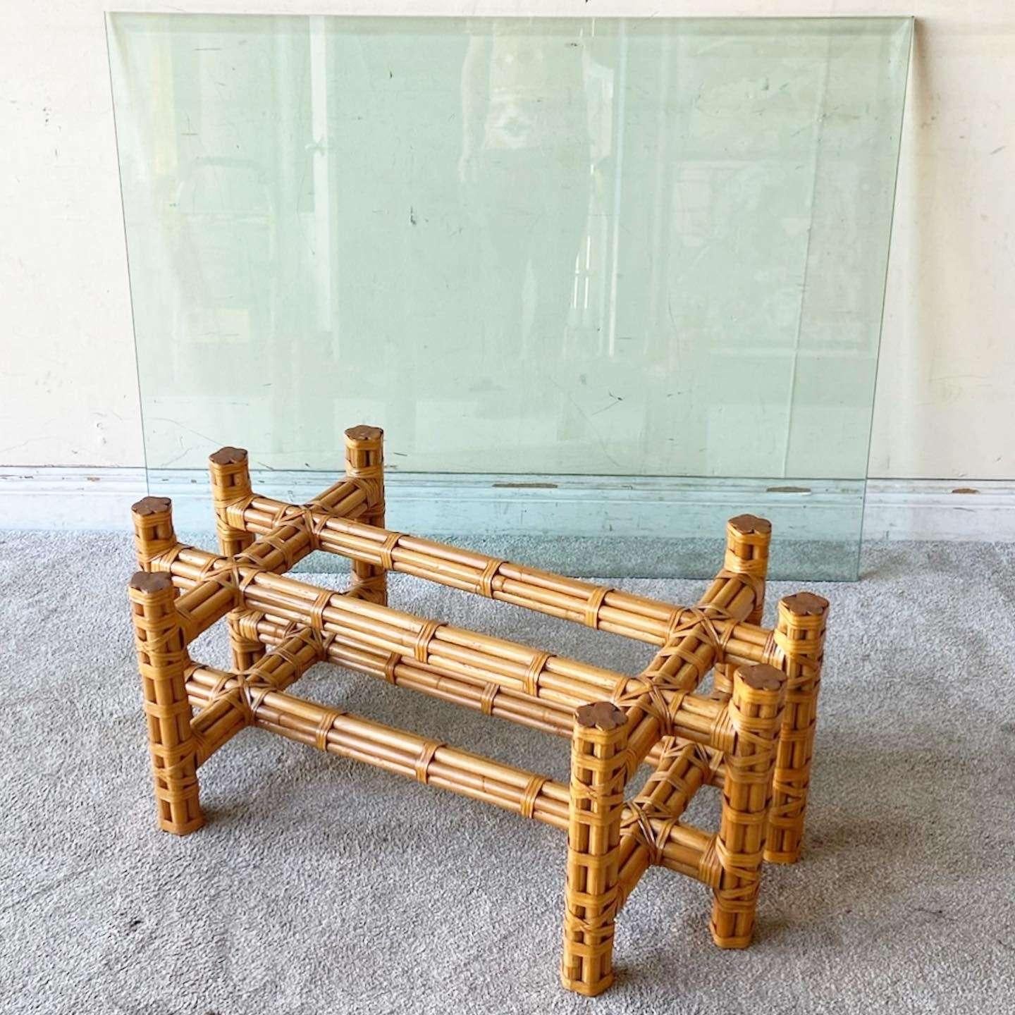 Boho Chic Glass Top Bamboo Rattan Coffee Table For Sale at 1stDibs