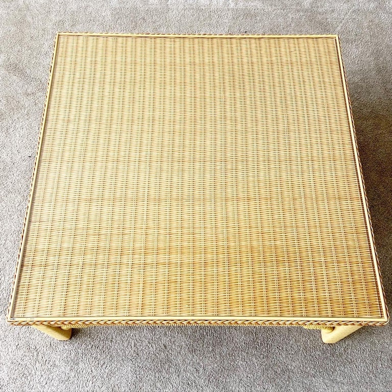 Boho Chic Henry Link Wicker Glass Top Coffee Table For Sale at 1stDibs