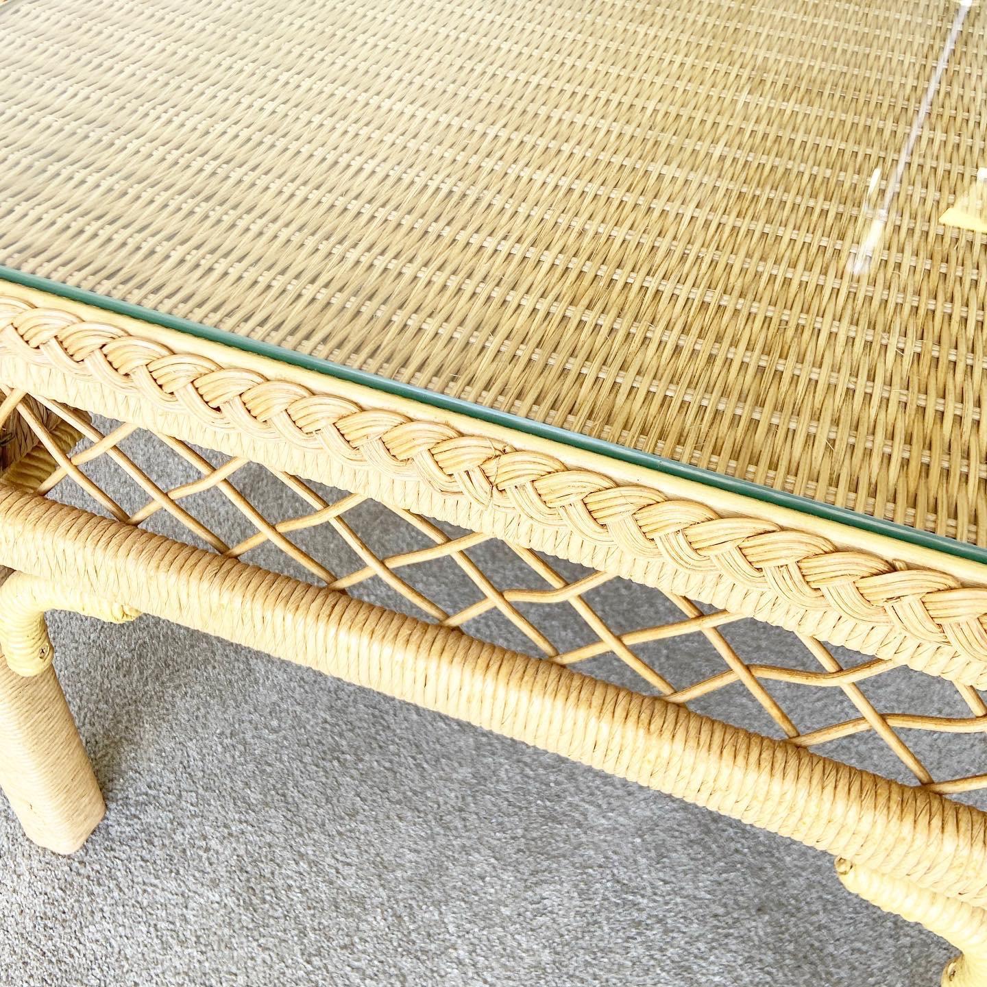 Boho Chic Henry Link Wicker Glass Top Side Table For Sale at 1stDibs