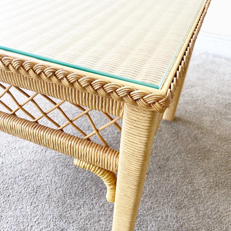 Boho Chic Henry Link Wicker Glass Top Side Table For Sale at 1stDibs