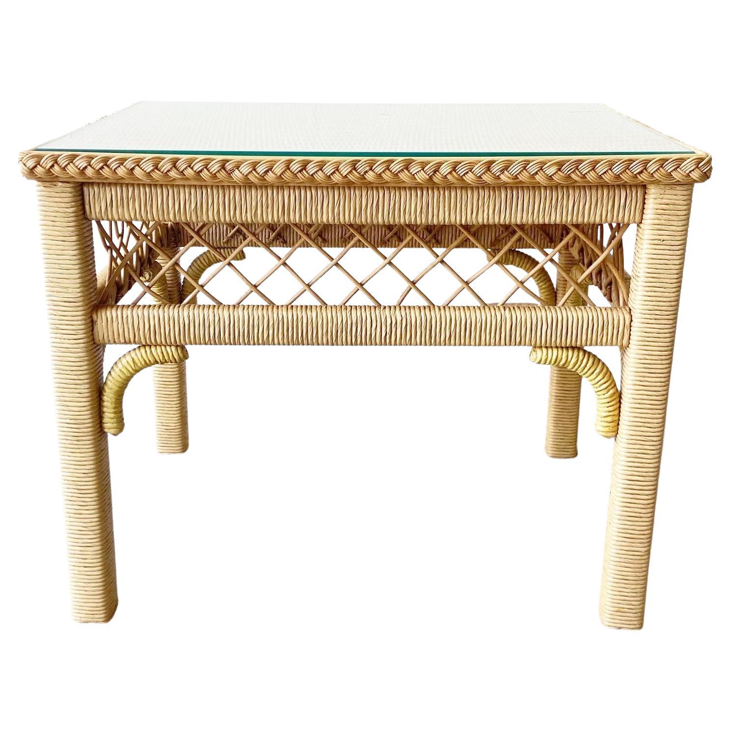 Boho Chic Henry Link Wicker Glass Top Side Table For Sale at 1stDibs