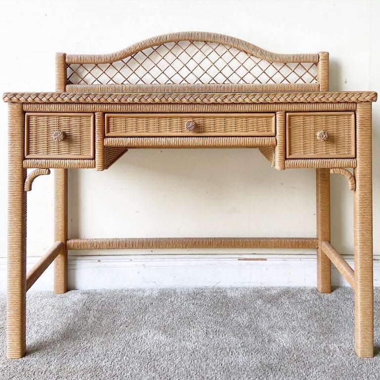 Boho Chic Henry Link Wicker Natural Finish Writing Desk For Sale at 1stDibs