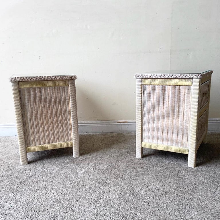 Boho Chic Henry Link Wicker and Rattan Glass Top Nightstands - a Pair ...