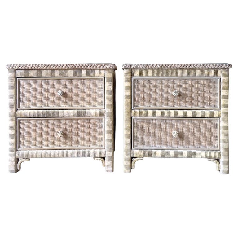 Boho Chic Henry Link Wicker and Rattan Glass Top Nightstands - a Pair ...