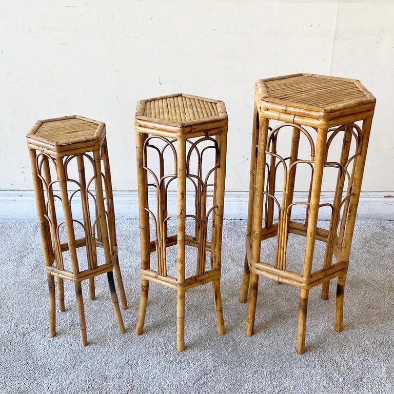 Boho Chic Hexagonal Tortoise Shell Bamboo Nesting Pedestals For Sale at ...