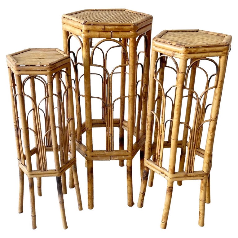 Boho Chic Hexagonal Tortoise Shell Bamboo Nesting Pedestals For Sale at ...