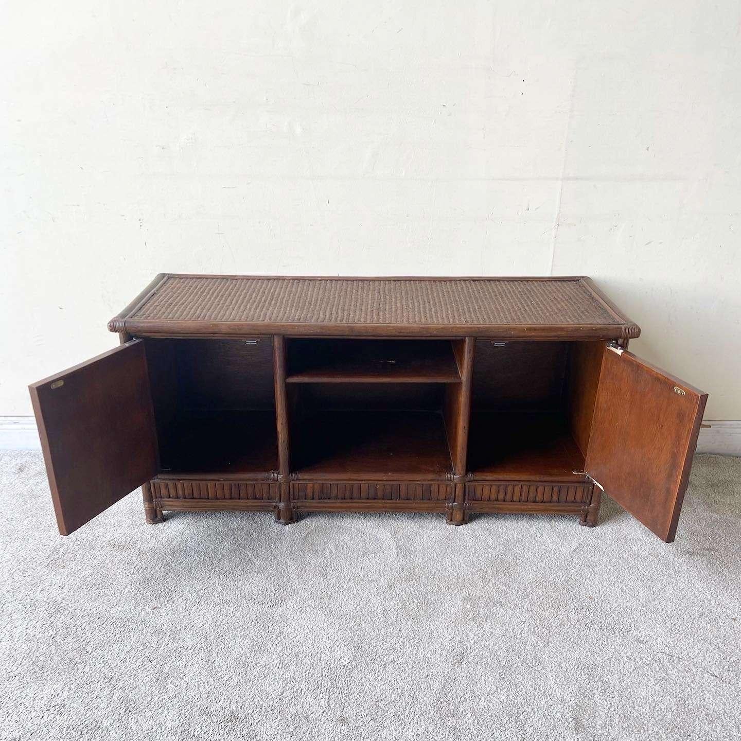 Boho Chic Mahogany Finished Bamboo Wicker Credenza For Sale at 1stDibs