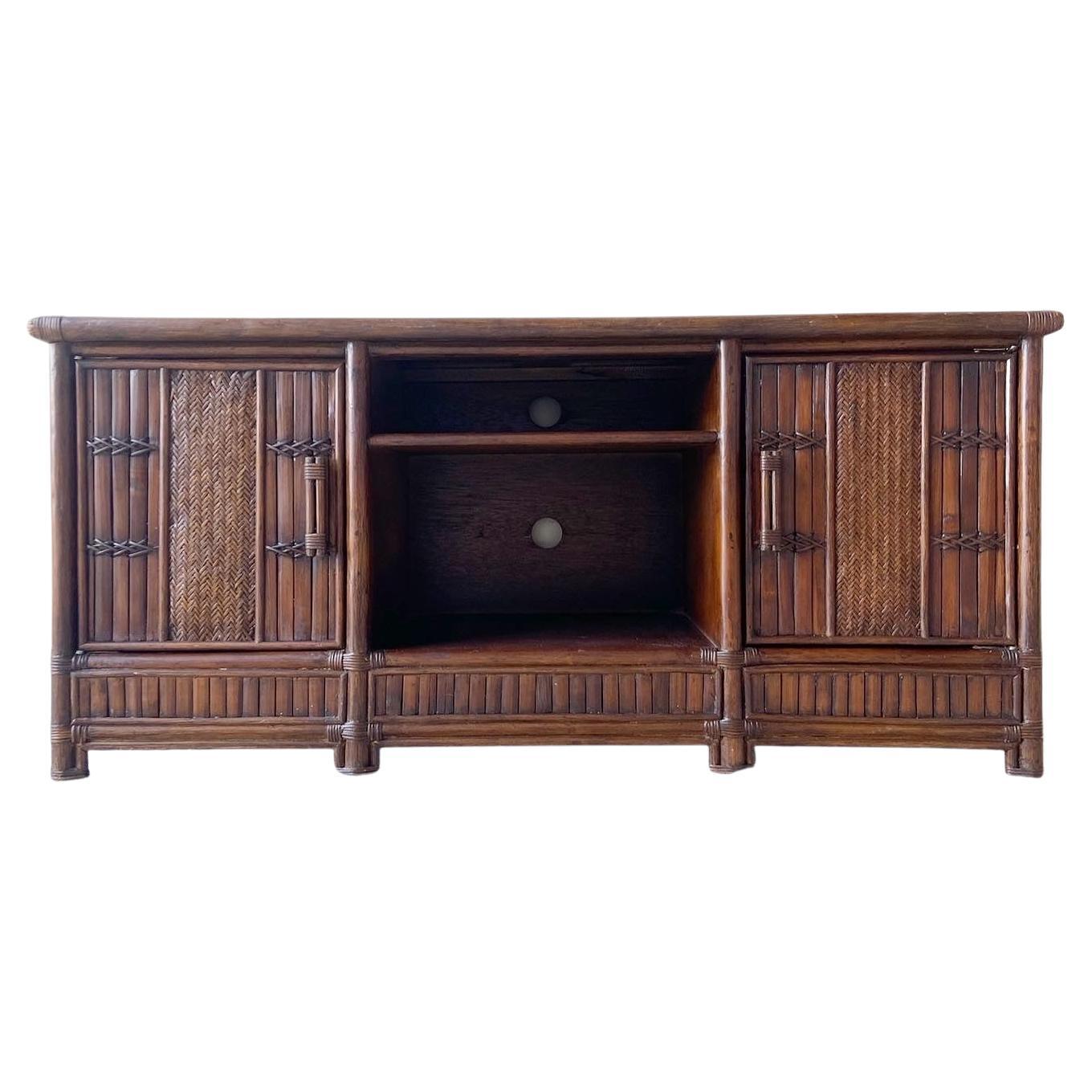 Wooden Faux Bamboo and Wicker TV Stand For Sale at 1stDibs