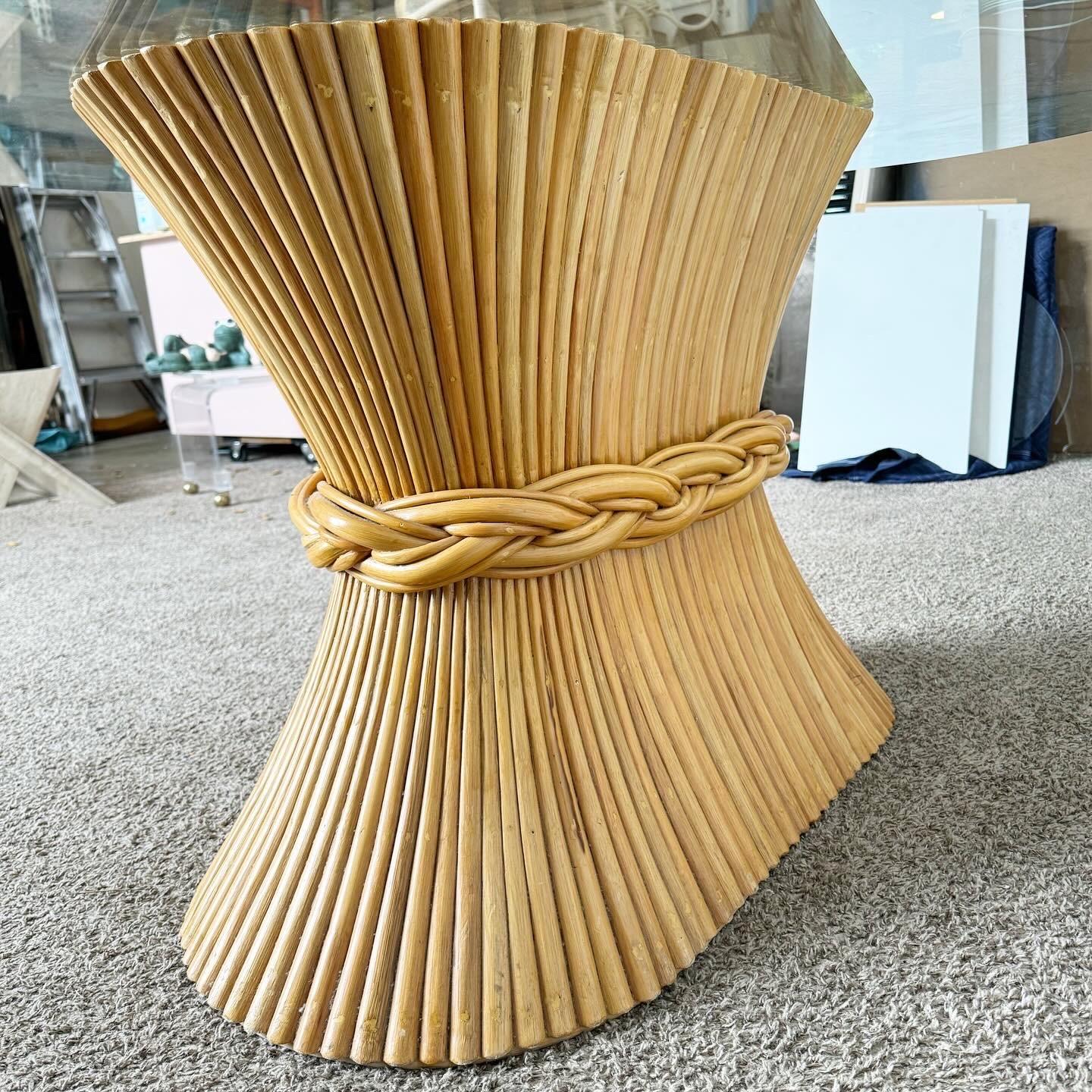 Boho Chic McGuire Style “Sheaf of Wheat” Rattan Oval Glass Top Dining ...