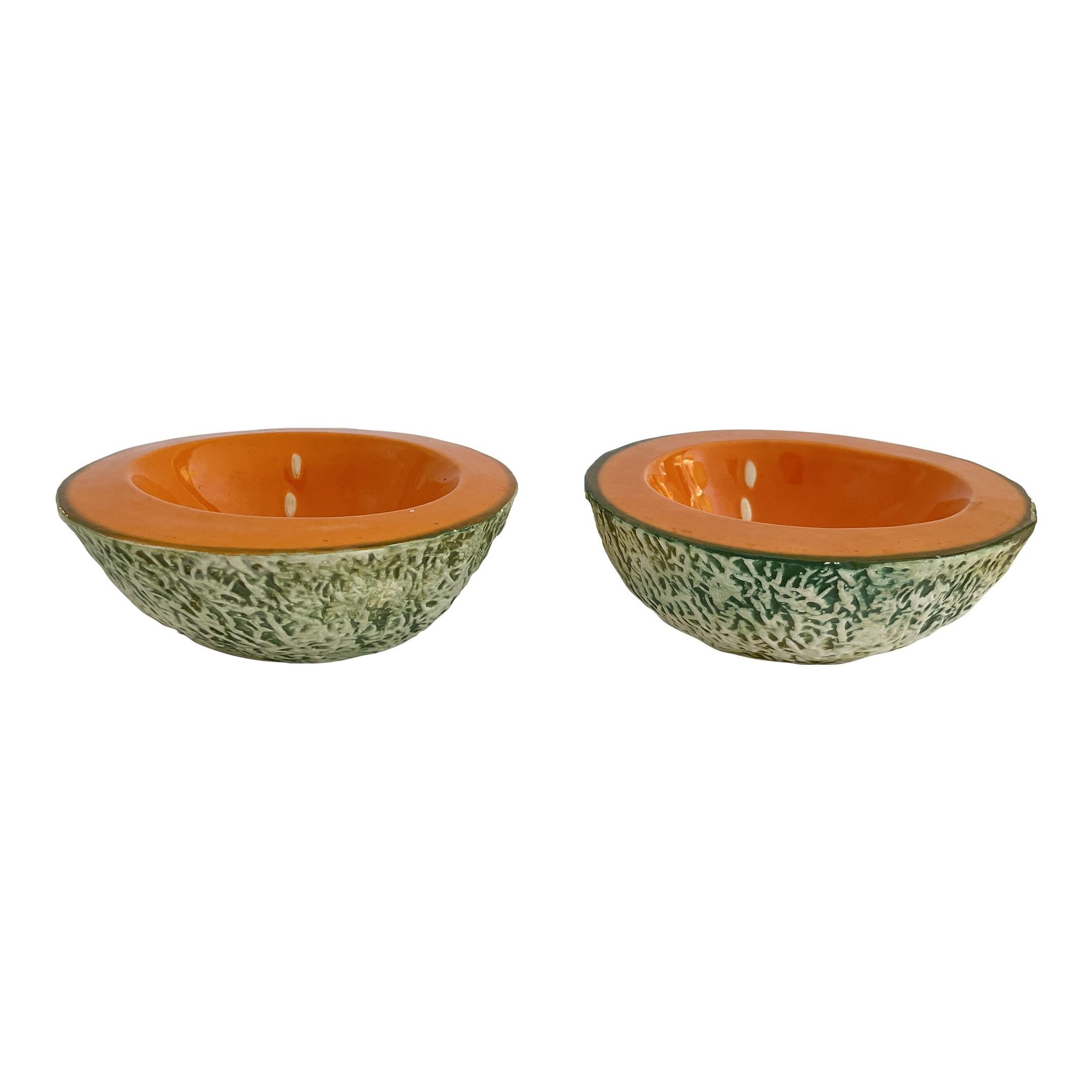 Boho Chic Melon Ceramic Bowls, a Pair For Sale at 1stDibs