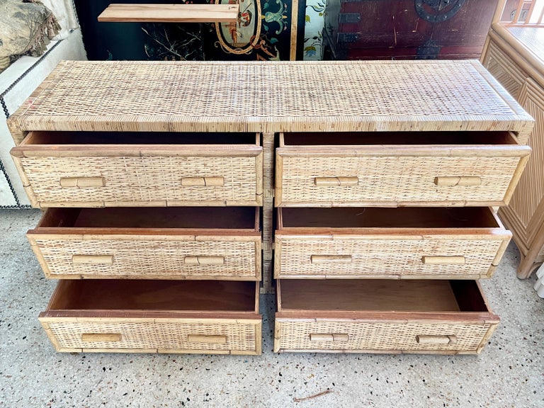 Boho Chic Natural Rattan Six Drawer Double Dresser For Sale at 1stDibs