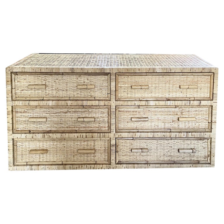 Boho Chic Natural Rattan Six Drawer Double Dresser For Sale at 1stDibs