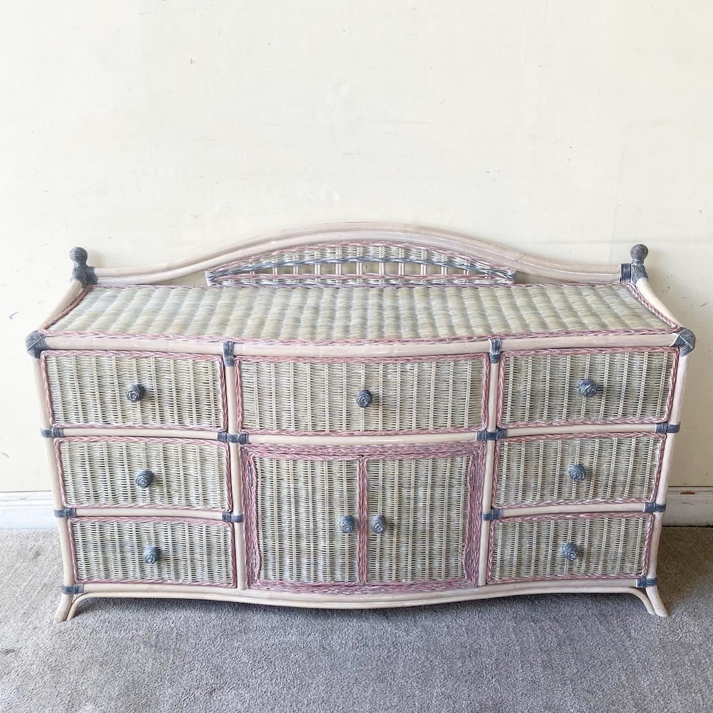 Boho Chic off White Pink and Grey Wicker Dresser For Sale at 1stDibs