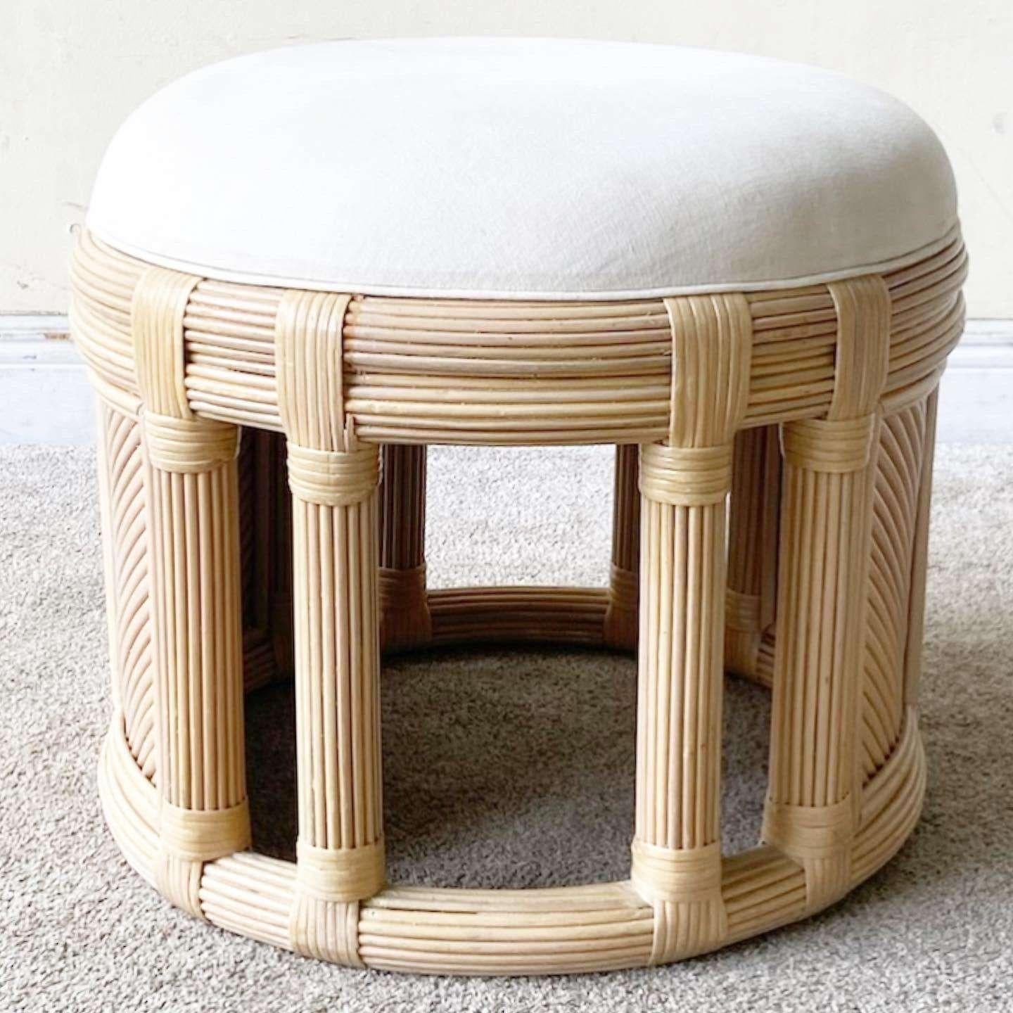 Boho Chic Pencil Reed Rattan Low Stool For Sale at 1stDibs