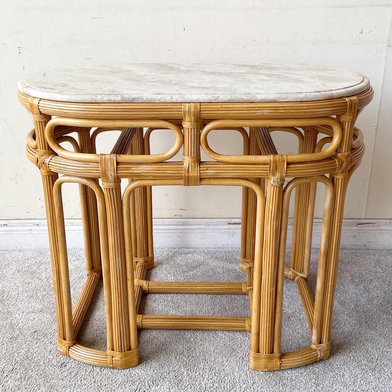 Boho Chic Pencil Reed Rattan Marble Top Console Table For Sale at 1stDibs