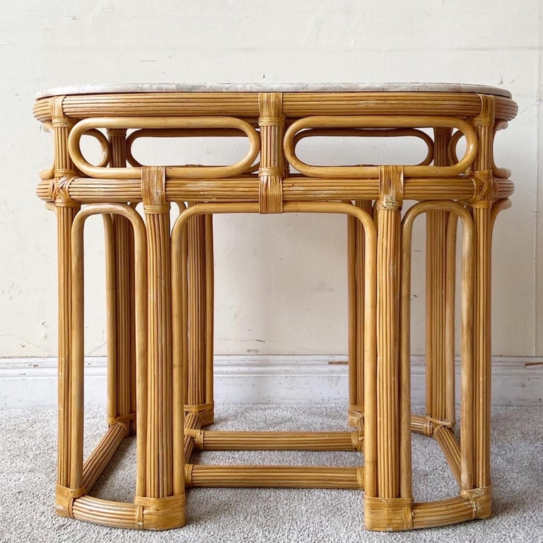 Boho Chic Pencil Reed Rattan Marble Top Console Table For Sale at 1stDibs