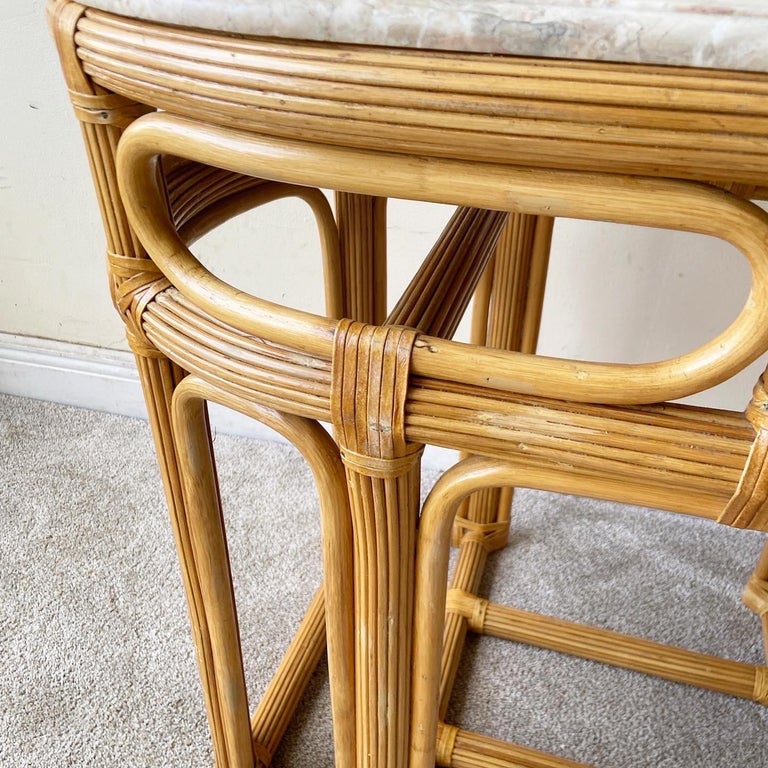 Boho Chic Pencil Reed Rattan Marble Top Console Table For Sale at 1stDibs