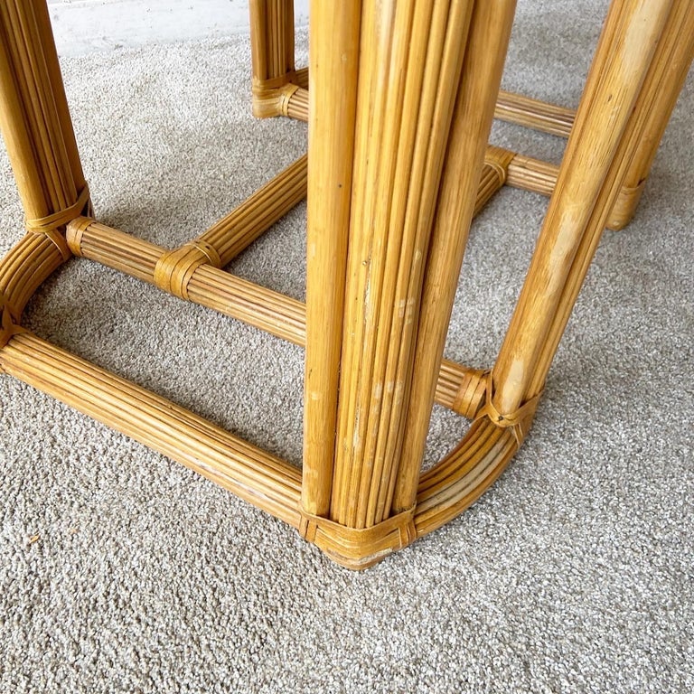 Boho Chic Pencil Reed Rattan Marble Top Console Table For Sale at 1stDibs