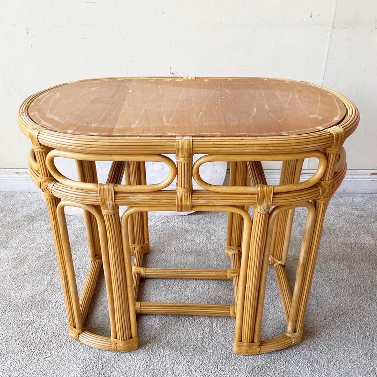 Boho Chic Pencil Reed Rattan Marble Top Console Table For Sale at 1stDibs