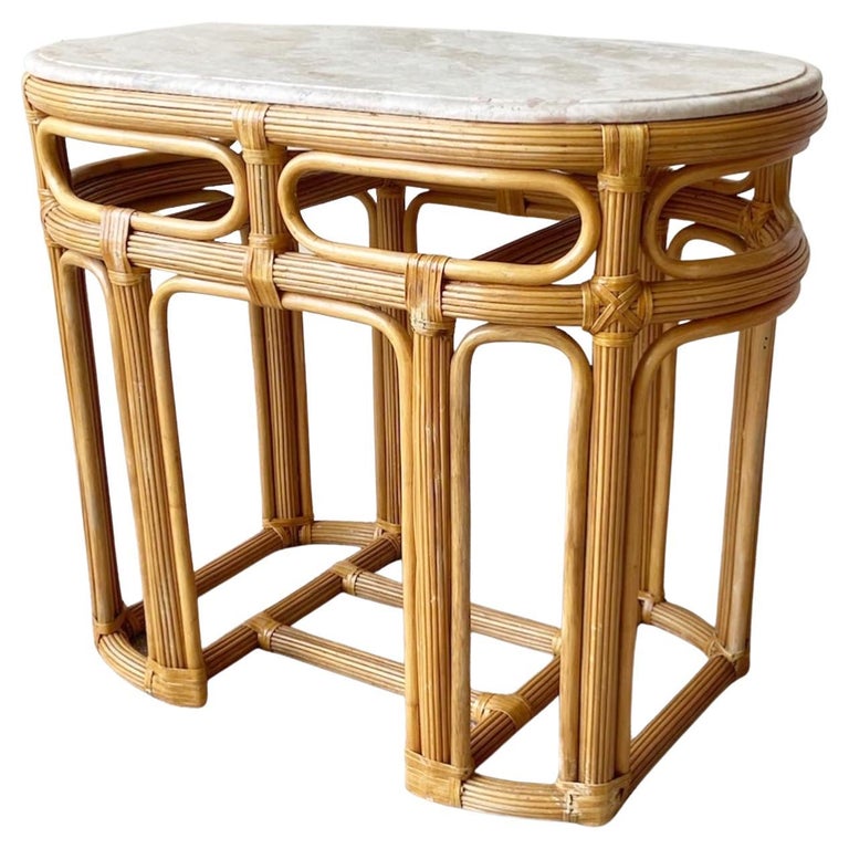 Boho Chic Pencil Reed Rattan Marble Top Console Table For Sale at 1stDibs