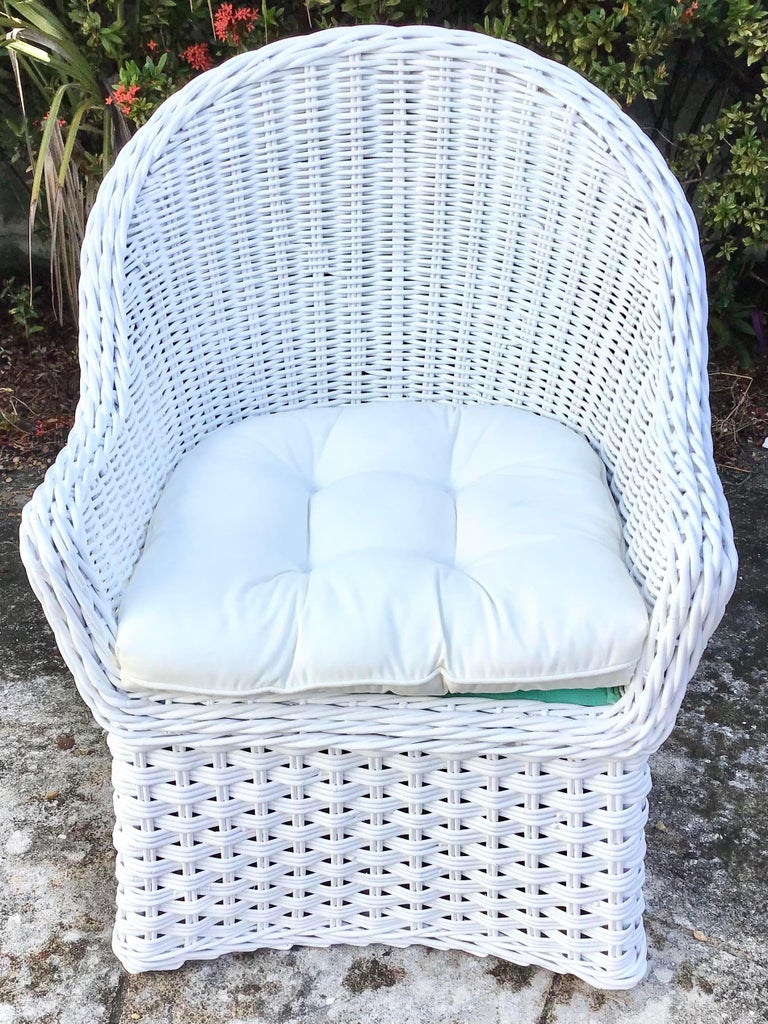 Boho Chic Rattan Club Chair in White Lacquer For Sale at 1stDibs