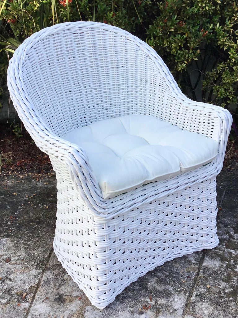 Boho Chic Rattan Club Chair in White Lacquer For Sale at 1stDibs
