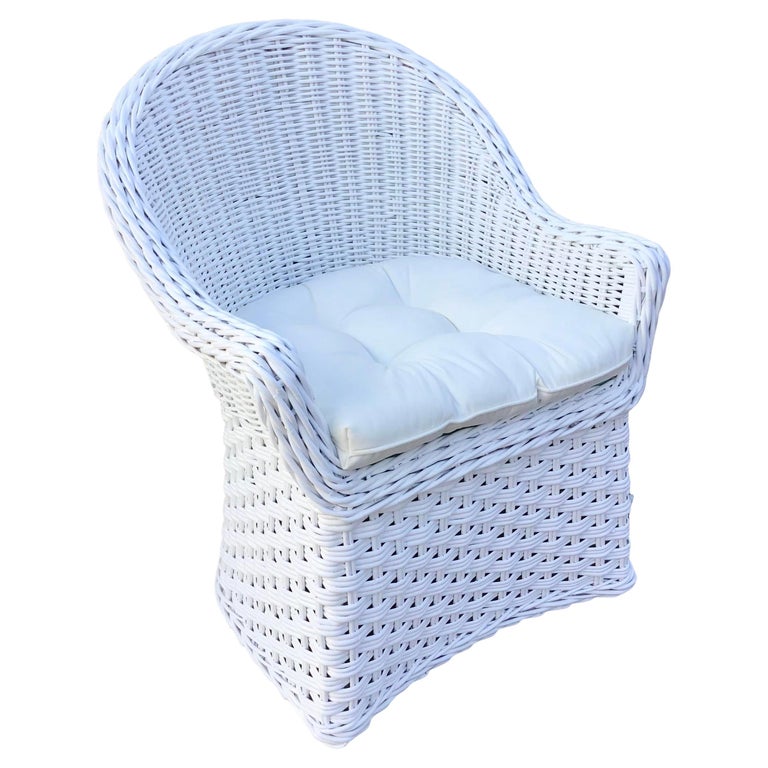 Boho Chic Rattan Club Chair in White Lacquer For Sale at 1stDibs