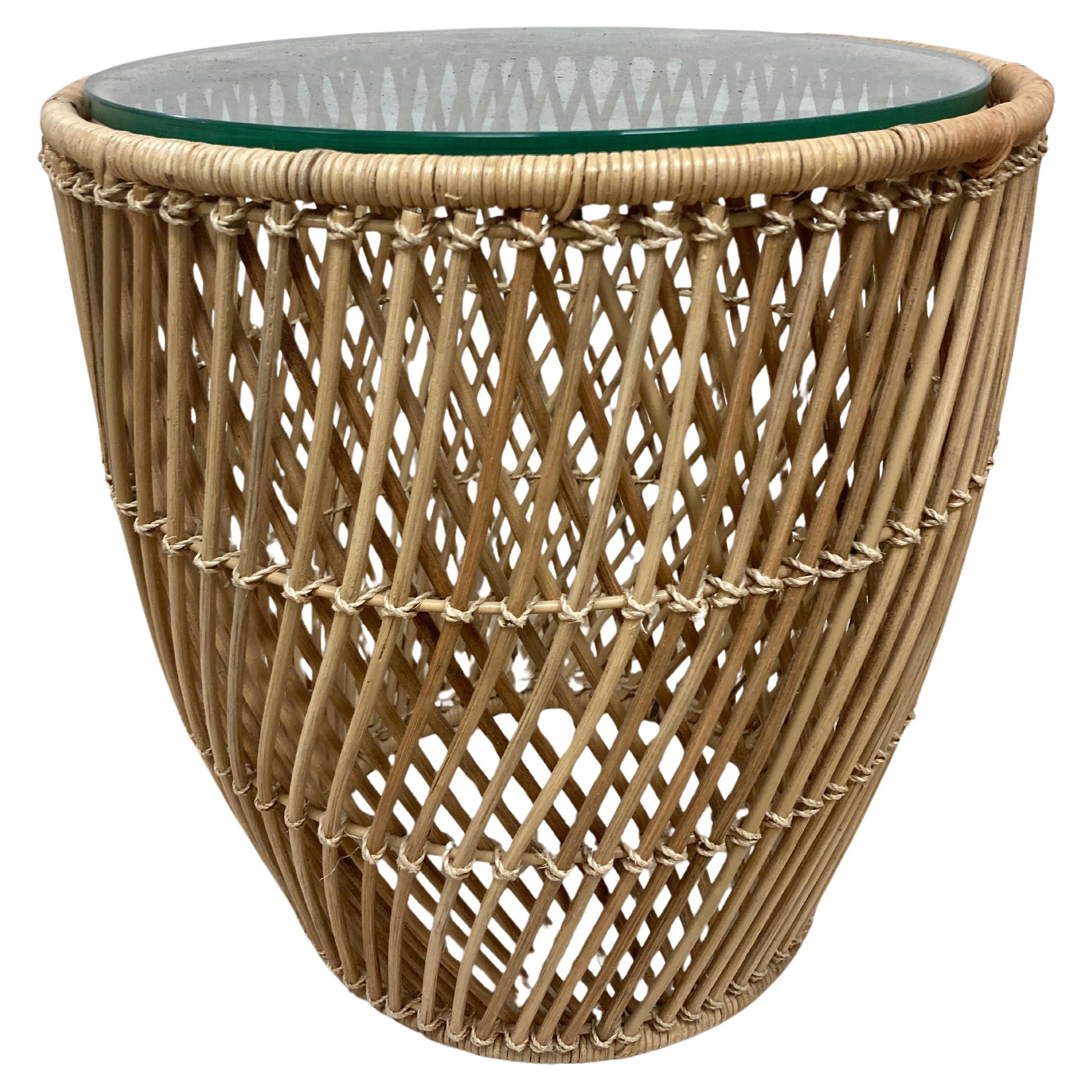 Boho Chic Rattan Drum Cocktail Table -2 For Sale at 1stDibs