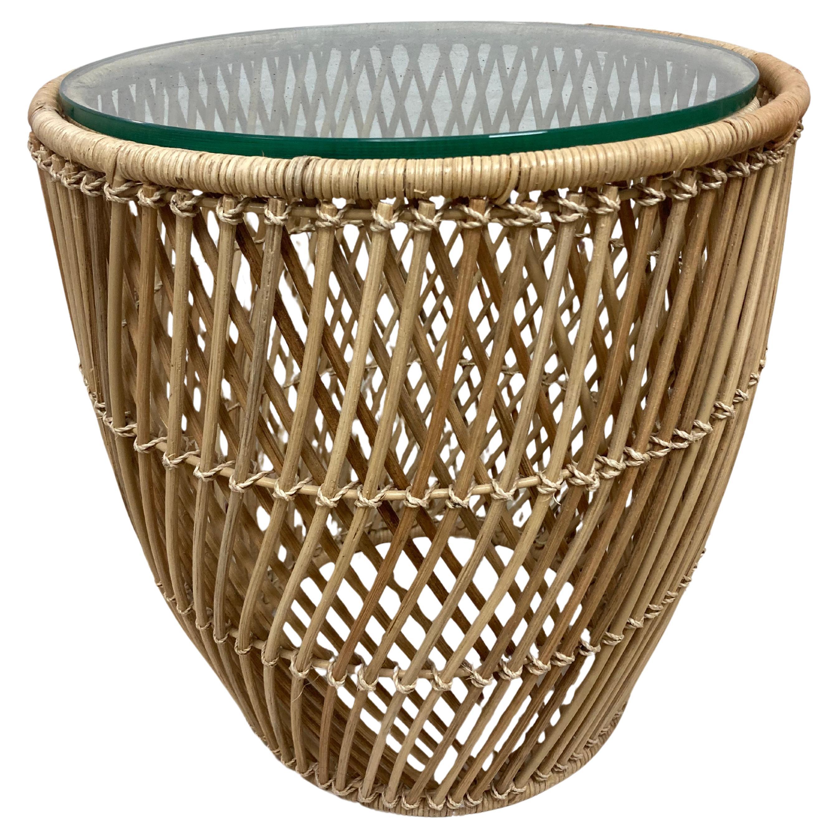 Boho Chic Rattan Drum Cocktail Table -2 For Sale at 1stDibs