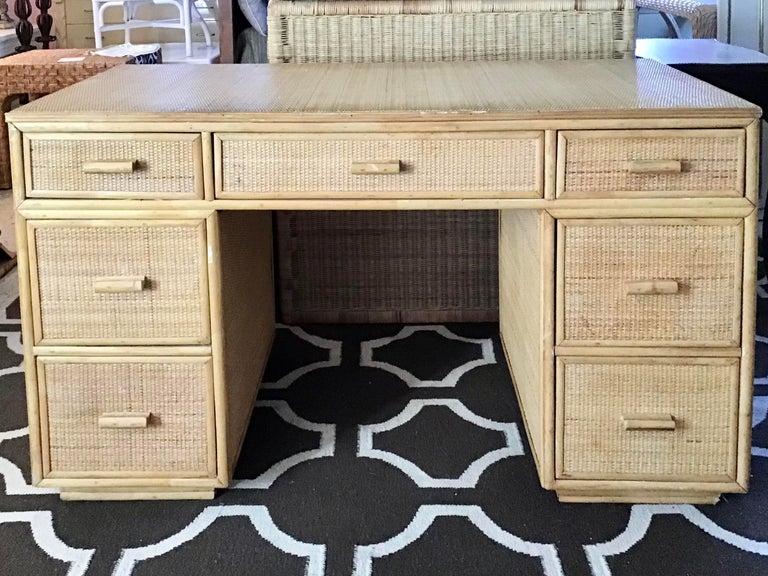 Boho Chic Rattan Large Writing Desk For Sale at 1stDibs