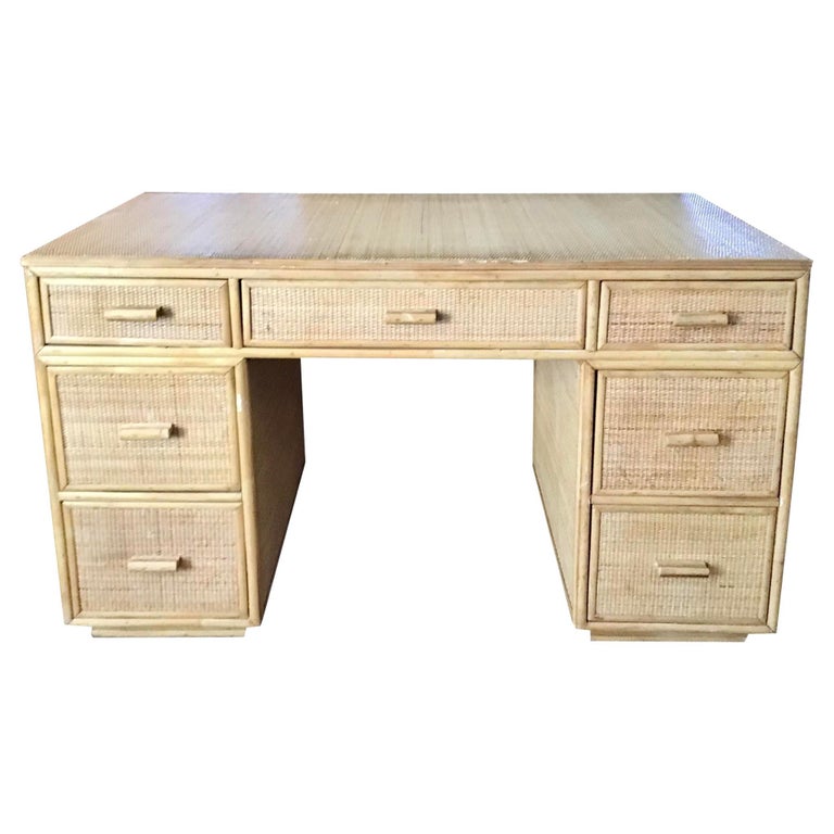 Boho Chic Rattan Large Writing Desk For Sale at 1stDibs