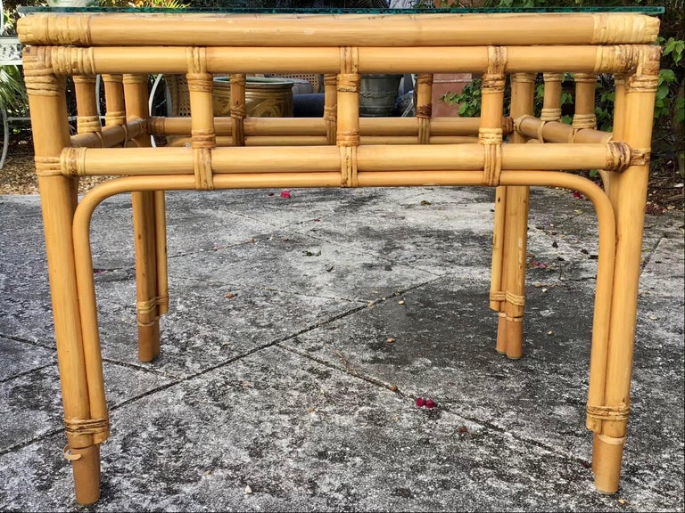 Boho Chic Rattan Side Table with Lattice Weave and Glass Top For Sale ...