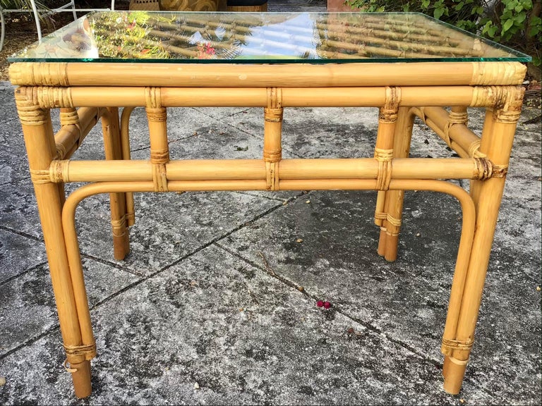 Boho Chic Rattan Side Table with Lattice Weave and Glass Top For Sale ...