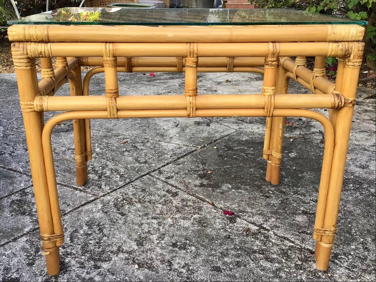 Boho Chic Rattan Side Table with Lattice Weave and Glass Top For Sale ...