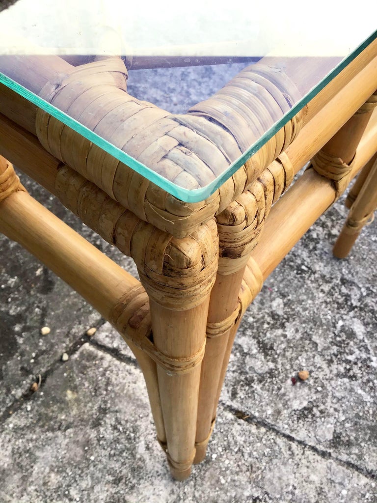Boho Chic Rattan Side Table with Lattice Weave and Glass Top For Sale ...