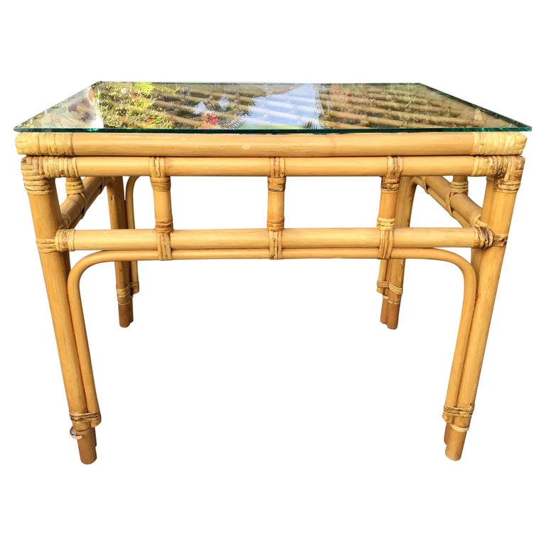 Boho Chic Rattan Side Table with Lattice Weave and Glass Top For Sale ...