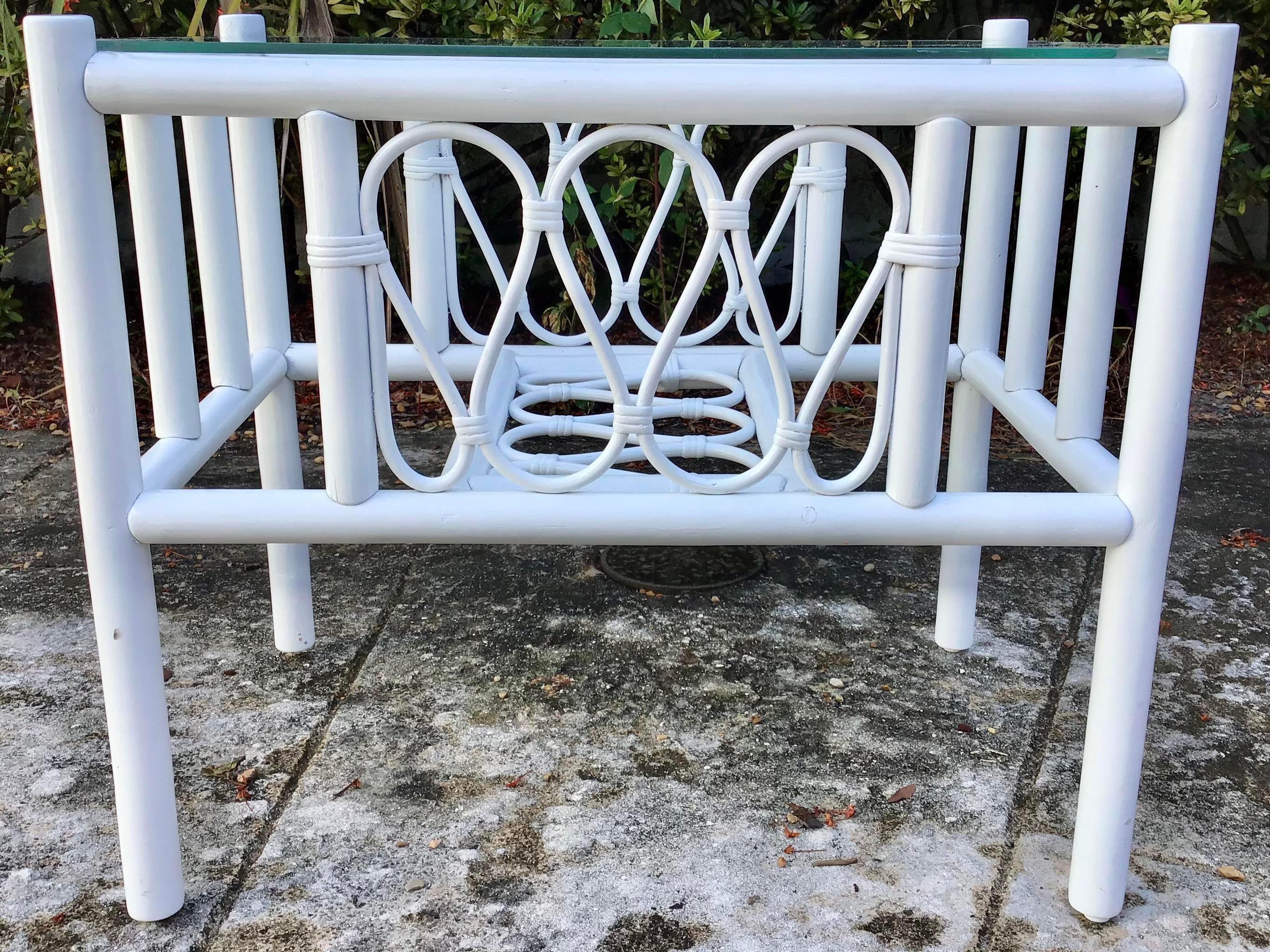 Boho Chic Rattan White Side Table For Sale at 1stDibs