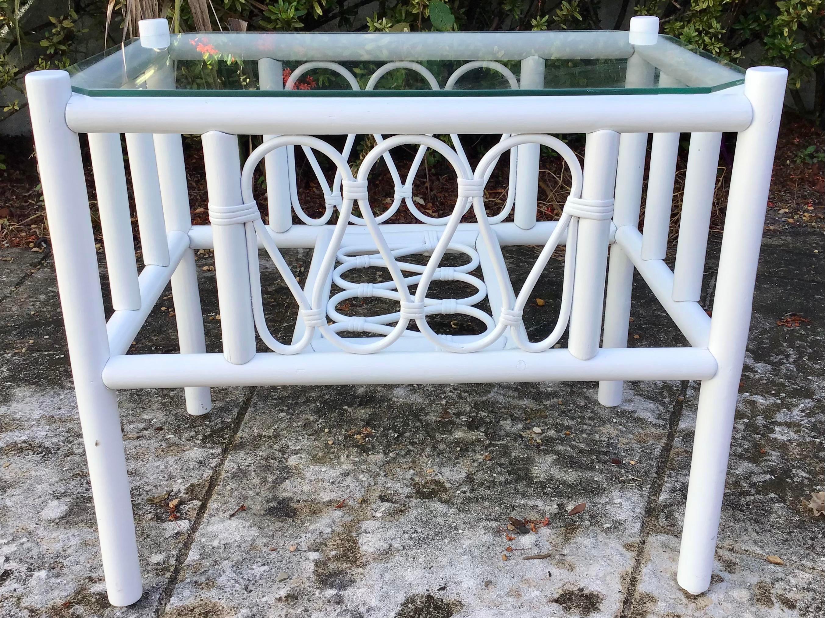 Boho Chic Rattan White Side Table For Sale at 1stDibs