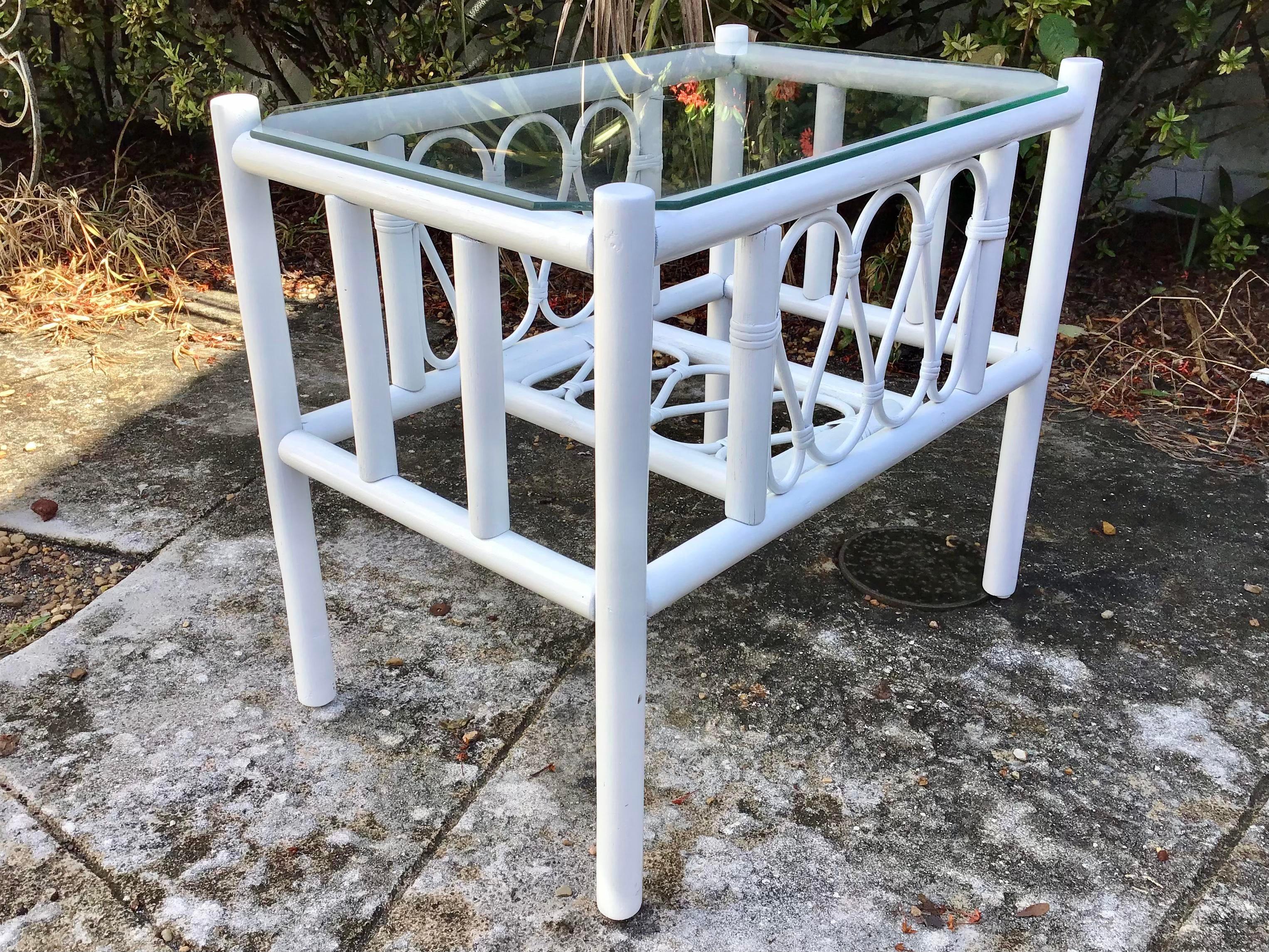 Boho Chic Rattan White Side Table For Sale at 1stDibs