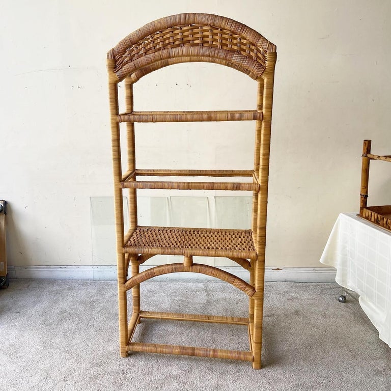 Boho Chic Rattan Woven Etagere with Glass Shelves For Sale at 1stDibs