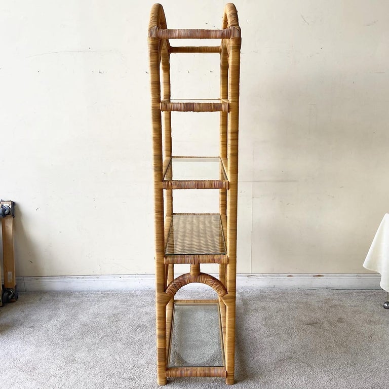 Boho Chic Rattan Woven Etagere with Glass Shelves For Sale at 1stDibs