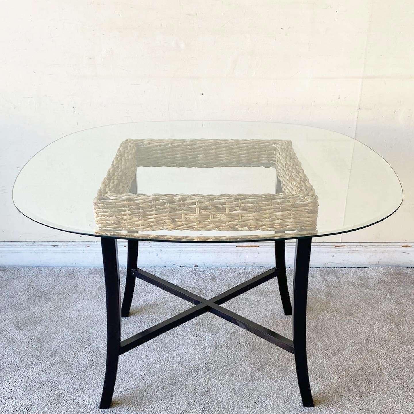 Boho Chic Sea Grass Beveled Glass Top Dining Table For Sale at 1stDibs