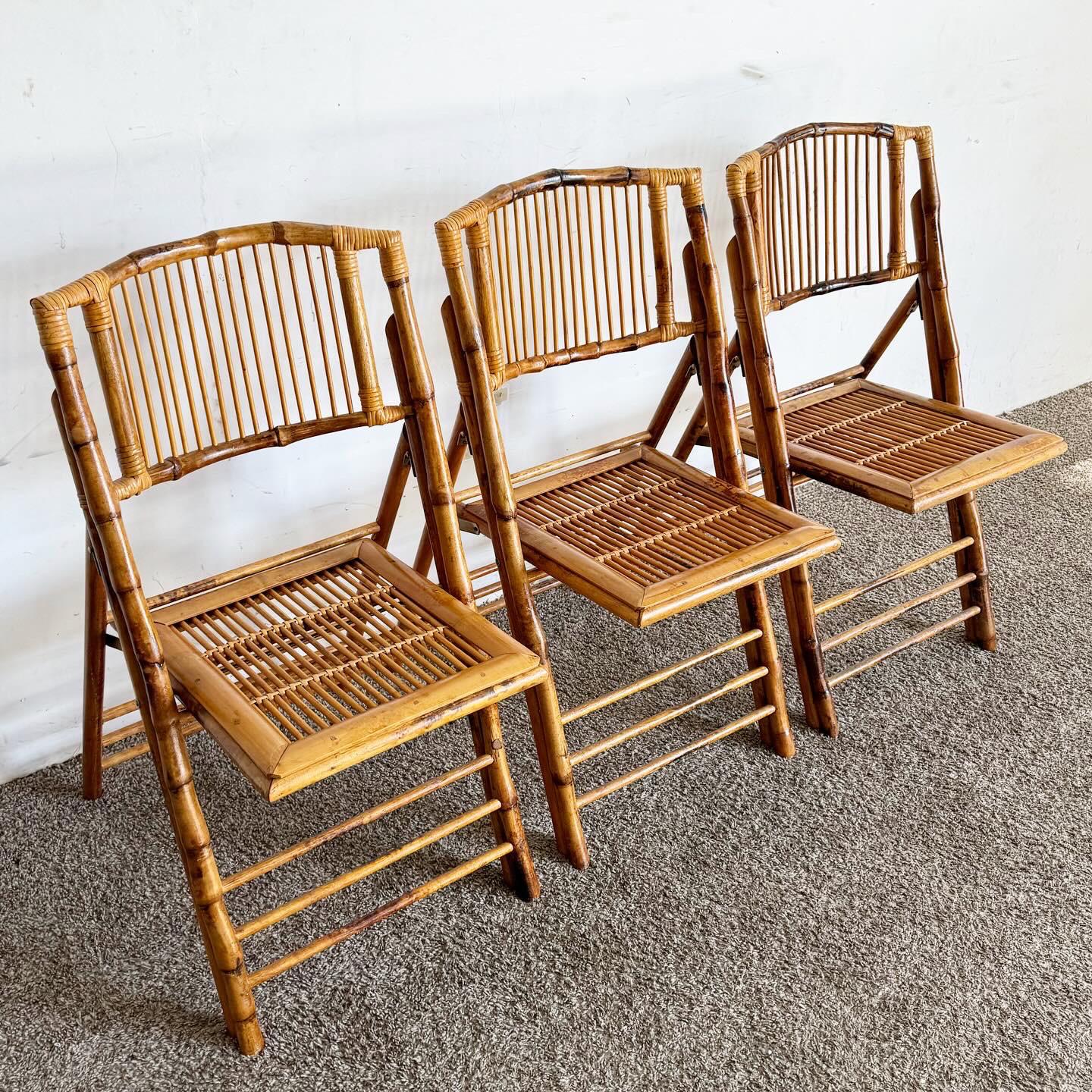 Boho Chic Tortoise Shell Bamboo Rattan Fold-Up Dining Chairs - Set of 3 ...