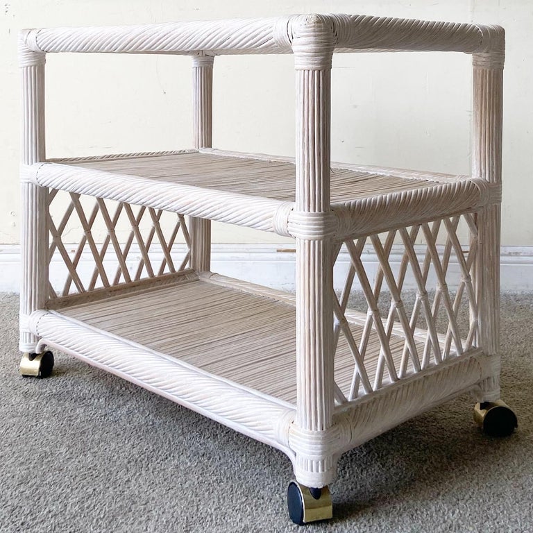 Boho Chic Twisted Pencil Reed Rattan Whitewash Bar Cart For Sale at 1stDibs