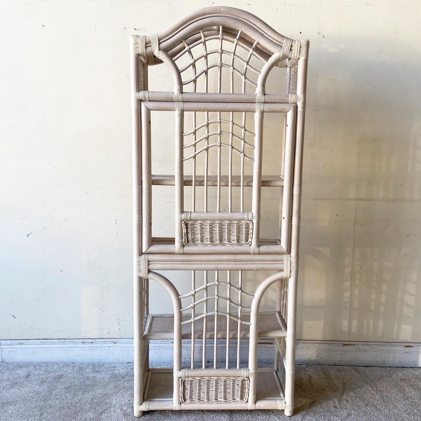 Boho Chic White Bamboo Rattan and Wicker Etagere / Bookcase For Sale at ...