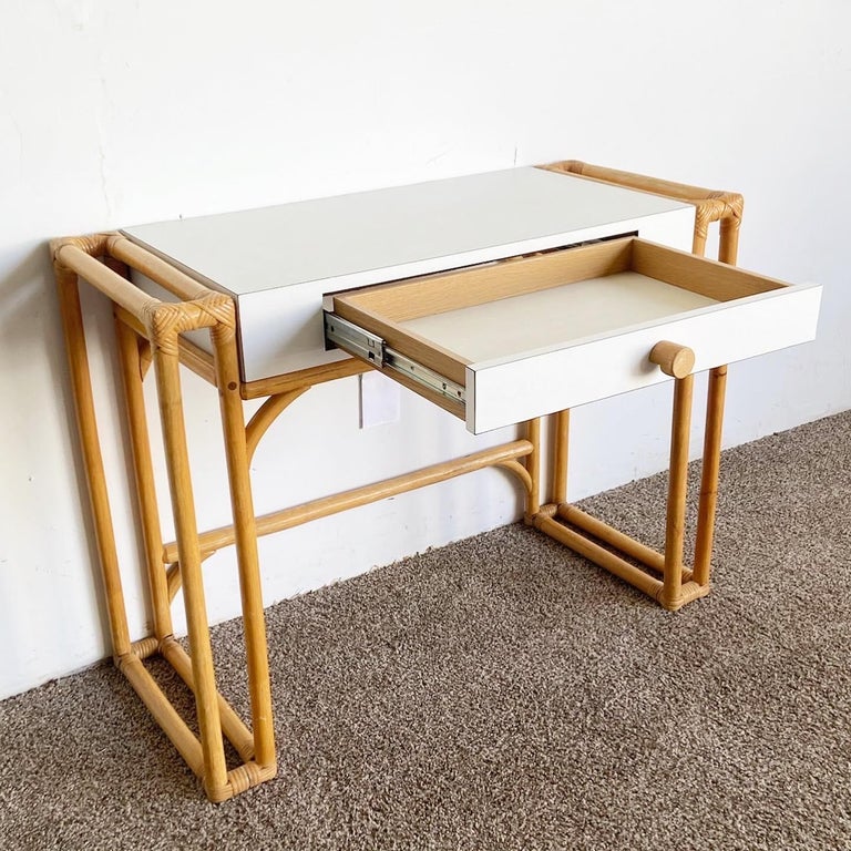 Boho Chic White Matte Laminate Bamboo Rattan Desk For Sale at 1stDibs