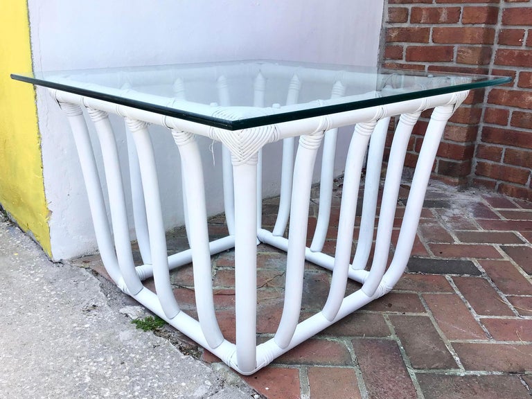 Boho Chic White Rattan Square Side Table For Sale at 1stDibs