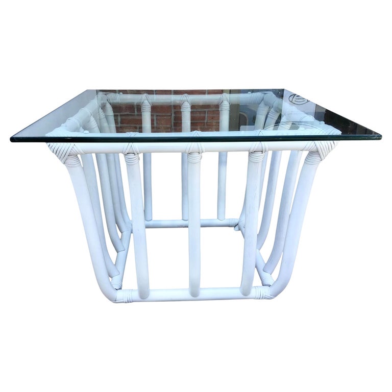 Boho Chic White Rattan Square Side Table For Sale at 1stDibs