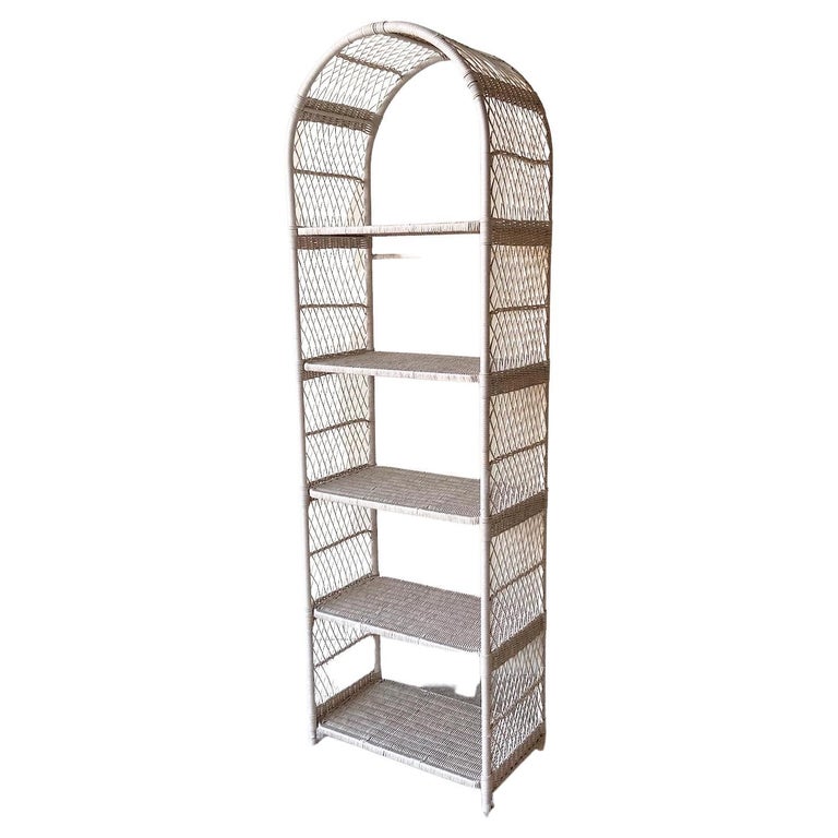 Boho Chic White Wicker Arched Top Etagere For Sale at 1stDibs